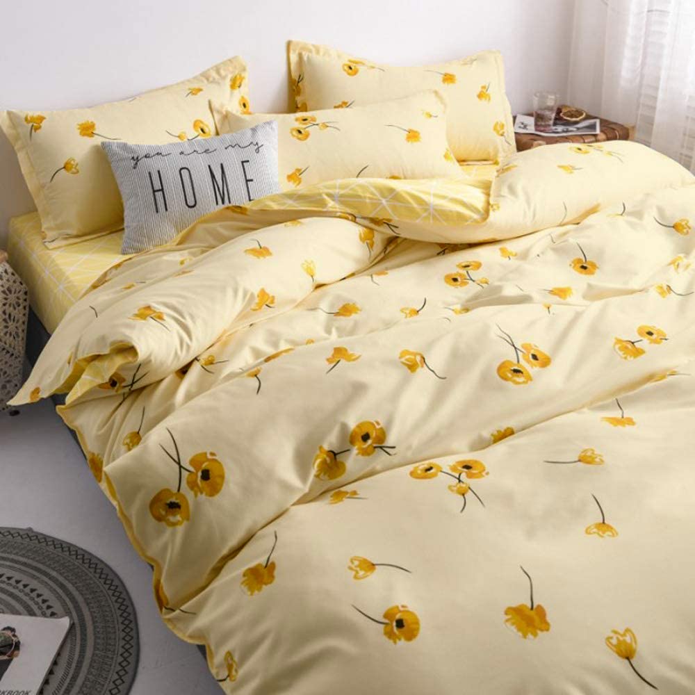 Botanical Duvet Cover Full Yellow Flowers and Grid Floral Garden Pattern Printed on Cream White Bedding Set,Blossom Kawaii Reversible Kids Bedroom Comforter Cover for Teen Toddler,Lightweight,Zipper