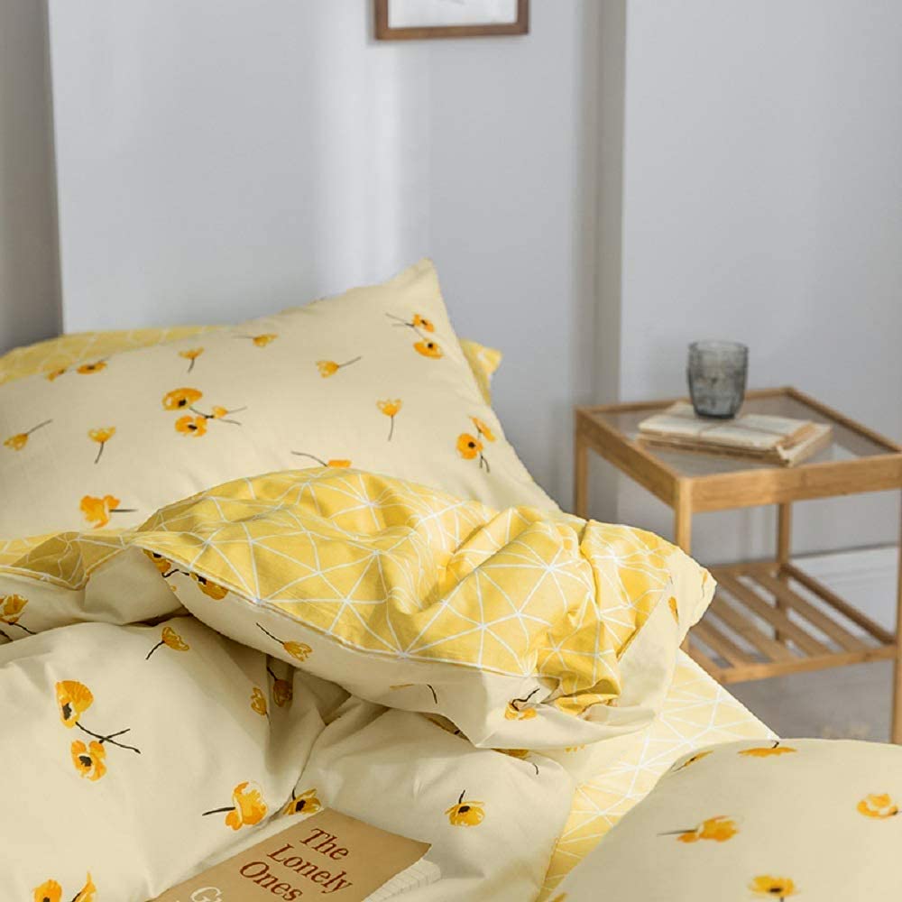 Botanical Duvet Cover Full Yellow Flowers and Grid Floral Garden Pattern Printed on Cream White Bedding Set,Blossom Kawaii Reversible Kids Bedroom Comforter Cover for Teen Toddler,Lightweight,Zipper