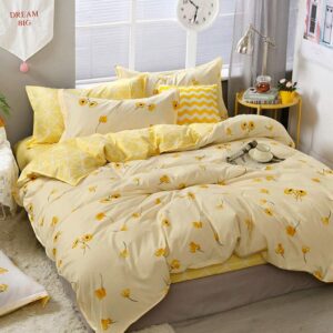 Botanical Duvet Cover Full Yellow Flowers and Grid Floral Garden Pattern Printed on Cream White Bedding Set,Blossom Kawaii Reversible Kids Bedroom Comforter Cover for Teen Toddler,Lightweight,Zipper