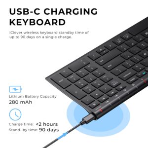 iClever Wireless Keyboard GKA22S Rechargeable Keyboard with Number Pad, Full-Size Stainless Steel Ultra Slim Keyboard, 2.4G Stable Connection Wireless Keyboard for iMac, Mackbook, PC, Laptop