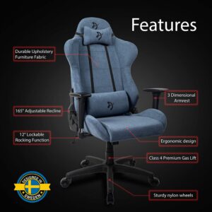 Arozzi Torretta Premium Soft Fabric Gaming Chair, Breathable Fluid-Repellent Ergonomic Office Chair with Adjustable Height, 3D Armrest & 2 Supportive Pillows (Blue)