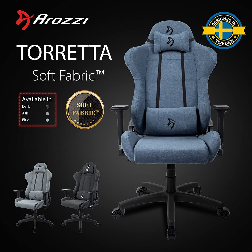 Arozzi Torretta Premium Soft Fabric Gaming Chair, Breathable Fluid-Repellent Ergonomic Office Chair with Adjustable Height, 3D Armrest & 2 Supportive Pillows (Blue)