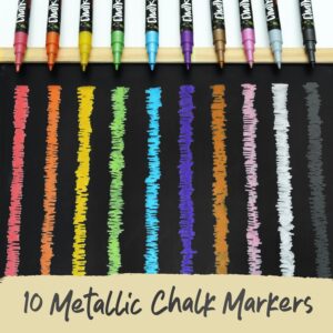 Extra Fine Tip Metallic Chalk Markers (10 Pack, 1mm) Liquid Chalk Pens - For Blackboards, Chalkboard, Bistro Menu, Window - Wet Wipe Erasable