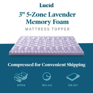 Lucid 3 Inch Mattress Topper Queen – Memory Foam Mattress Topper Queen – 5 Zone Lavender Infusion – CertiPur Certified Foam