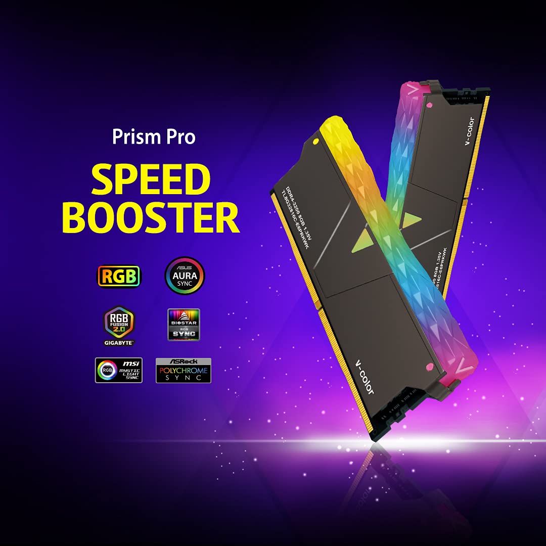 V-Color Prism Pro DDR4 16GB(8GBx2)-3200MHz (PC4-25600) CL16 RGB Gaming Desktop Ram Memory UDIMM Hynix IC - Jet Black (TL8G32816C-E6PRKWK)