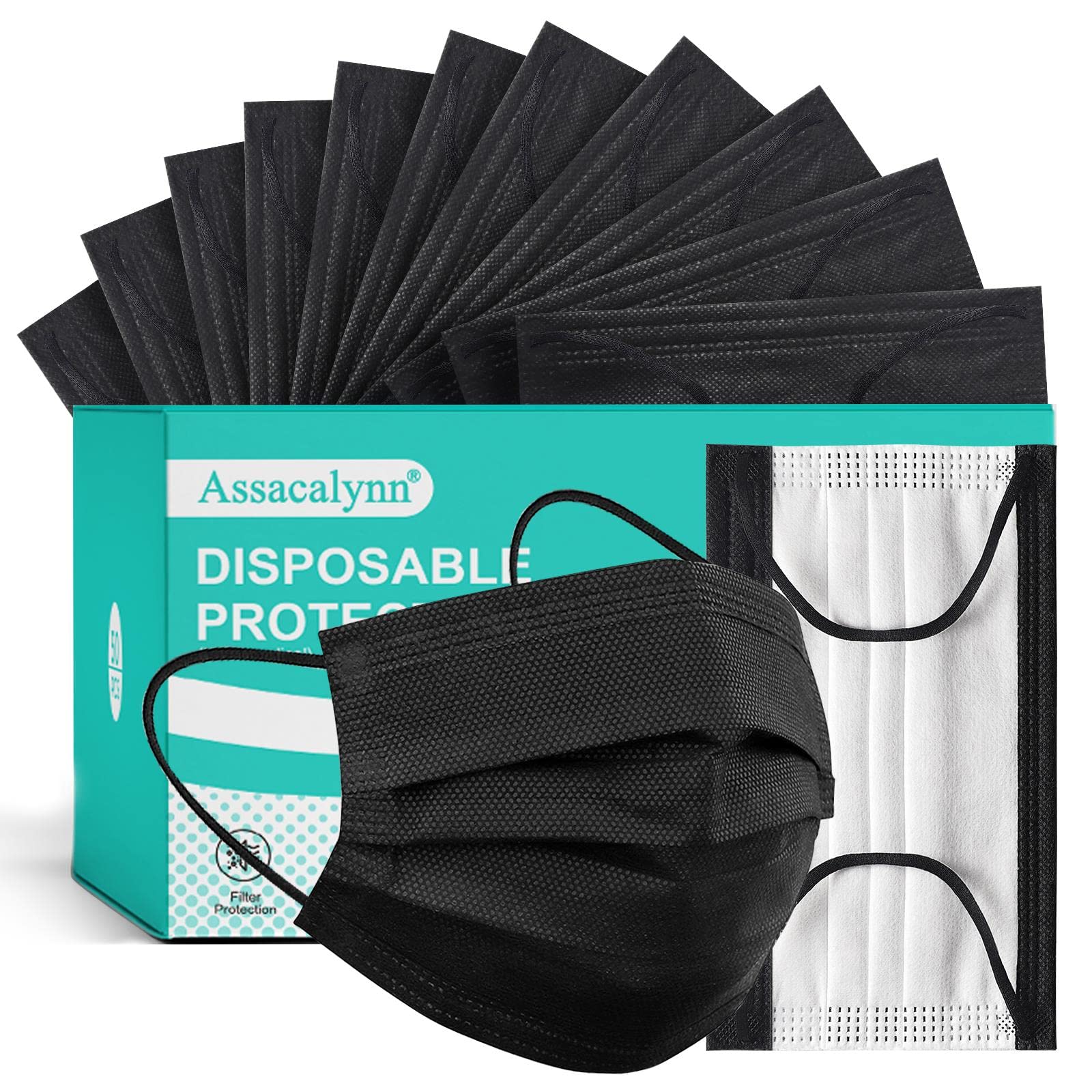 Assacalynn Disposable Mask 4 Layer 2023 Black Mask with White Inside, Breathable Single Use Dust Mask with Wider Soft Earloops for Adult Men Women Box 50 Pack