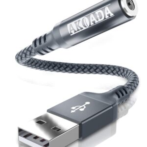 AkoaDa USB to Audio Jack Adapter(18cm), External Sound Card Jack Audio Adapter with 3.5mm Aux Stereo Converter Compatible with Headset,PC, Laptop, Linux, Desktops, PS4 and More Device (Grey)