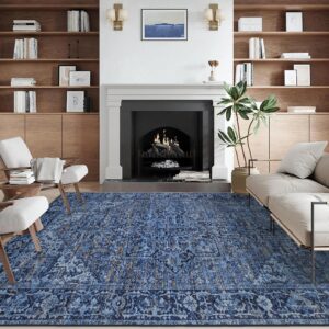 ReaLife Machine Washable Area Rug - Living Room Bedroom Bathroom Kitchen Entryway Office - Non Slip Low Pile Stain Resistant Premium - Boho Vintage Traditional - Lyle - Blue 4' x 6'