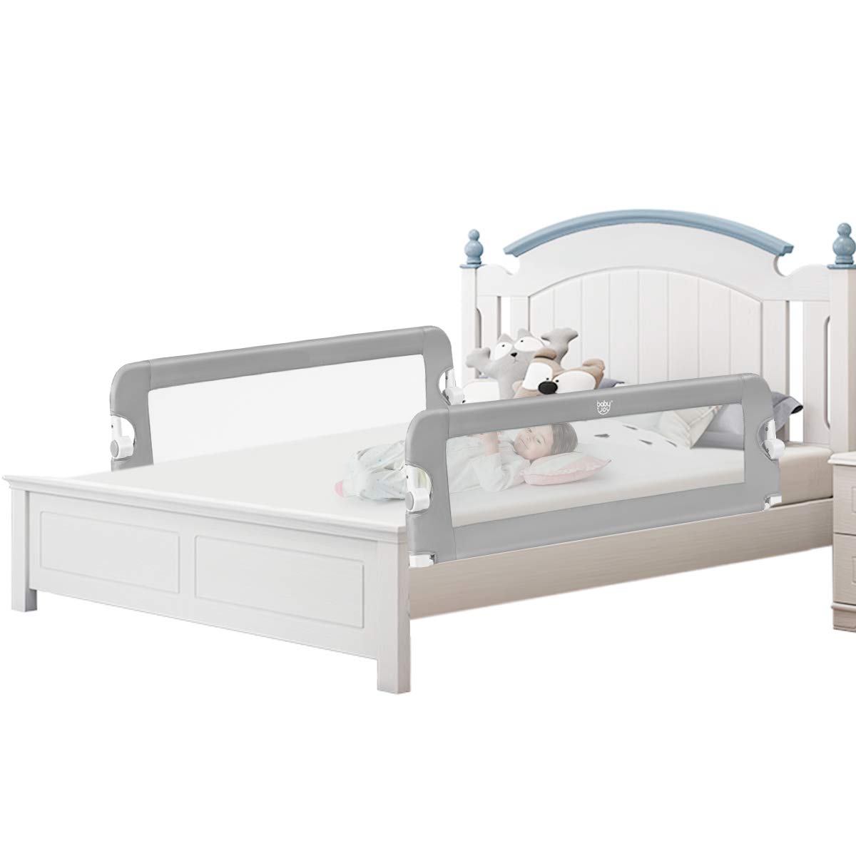 BABY JOY Double Sided Bed Rail Guard, 2 Pack, Extra Long, Swing Down for Convertible Crib, Folding Baby Safety Bedrail for Kids Twin Full Size Queen King Mattress, Rails for Toddlers (Gray, 48-Inch)