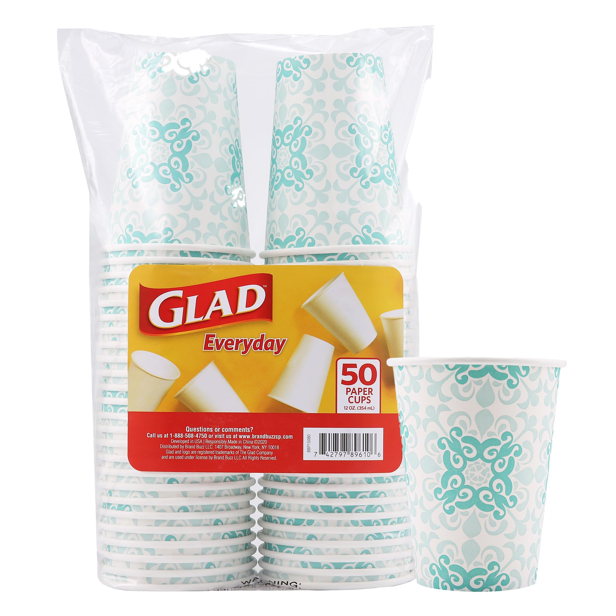 Glad Everyday Disposable Paper Cups with Aqua Victorian Design, 12 Ounces | 12 Oz Paper Cups for Everyday Use from Glad | Disposable Cups Paper | 50 Count