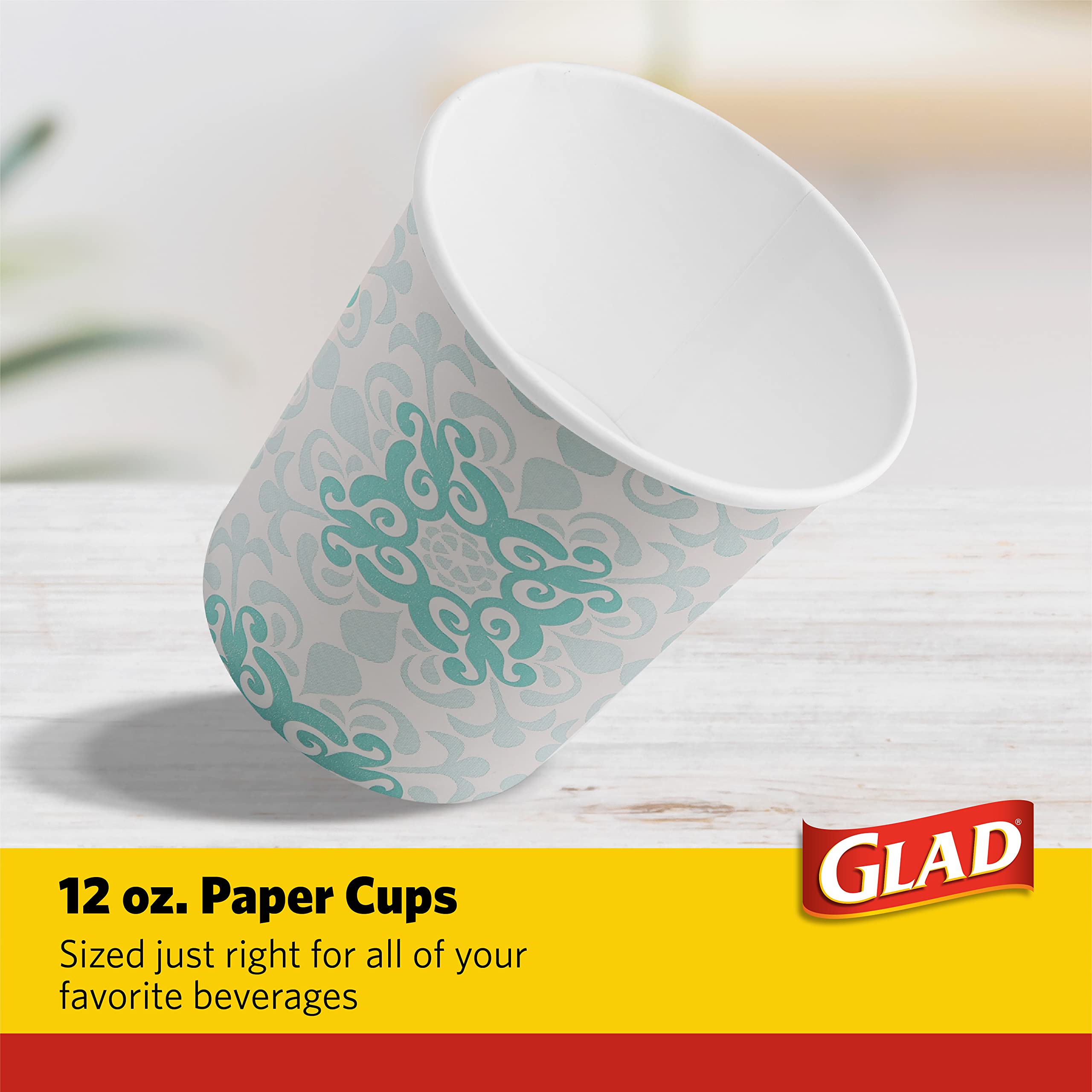 Glad Everyday Disposable Paper Cups with Aqua Victorian Design, 12 Ounces | 12 Oz Paper Cups for Everyday Use from Glad | Disposable Cups Paper | 50 Count