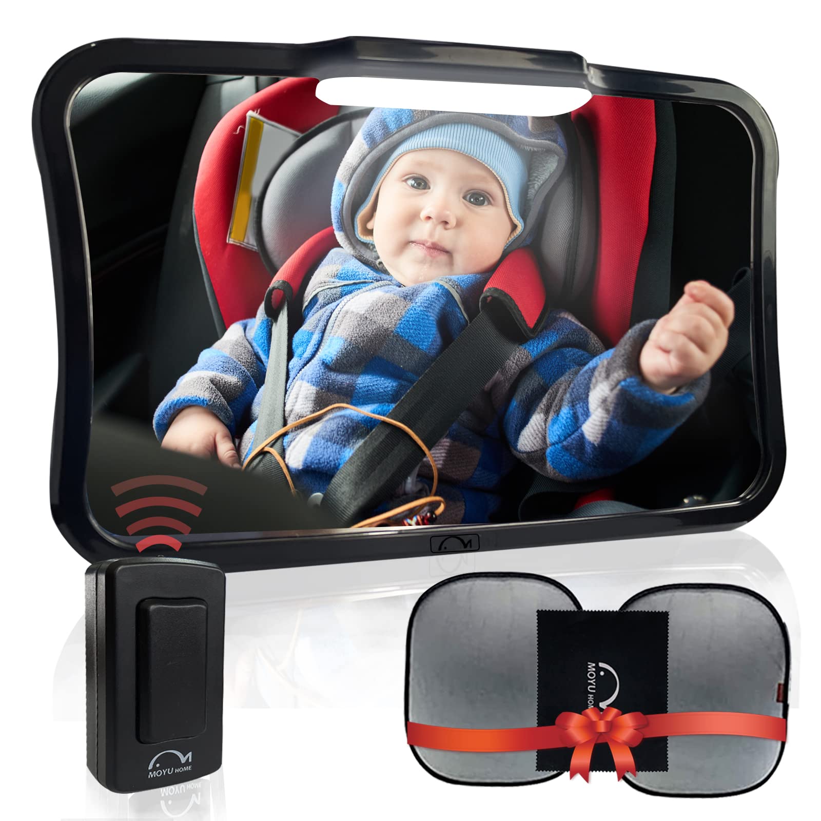 Moyu Home Baby Car Mirror,3 Modes LED Lights Back Seat Rear Facing toddler Safety Mirror,11.4" X 7.1"Wide View with 360 Pivoting,Shatterproof Glass Black