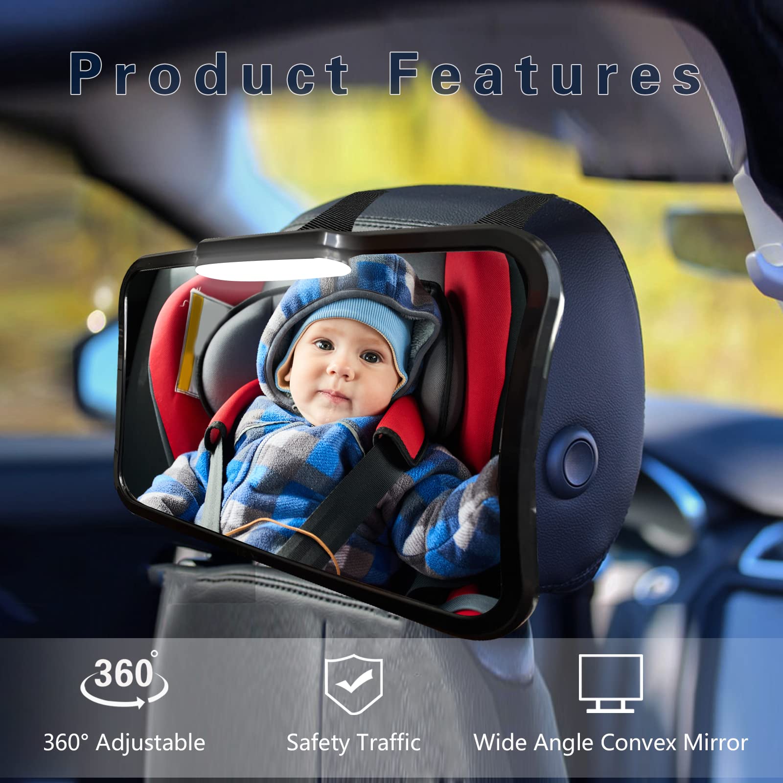 Moyu Home Baby Car Mirror,3 Modes LED Lights Back Seat Rear Facing toddler Safety Mirror,11.4" X 7.1"Wide View with 360 Pivoting,Shatterproof Glass Black