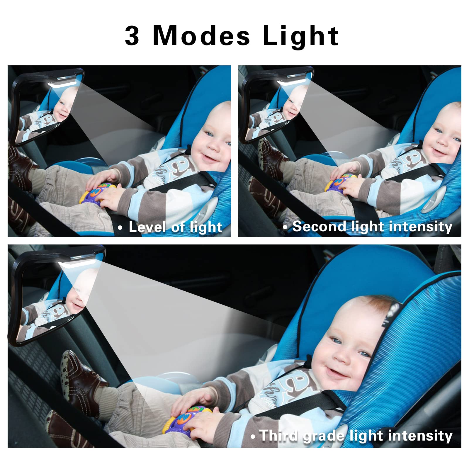 Moyu Home Baby Car Mirror,3 Modes LED Lights Back Seat Rear Facing toddler Safety Mirror,11.4" X 7.1"Wide View with 360 Pivoting,Shatterproof Glass Black