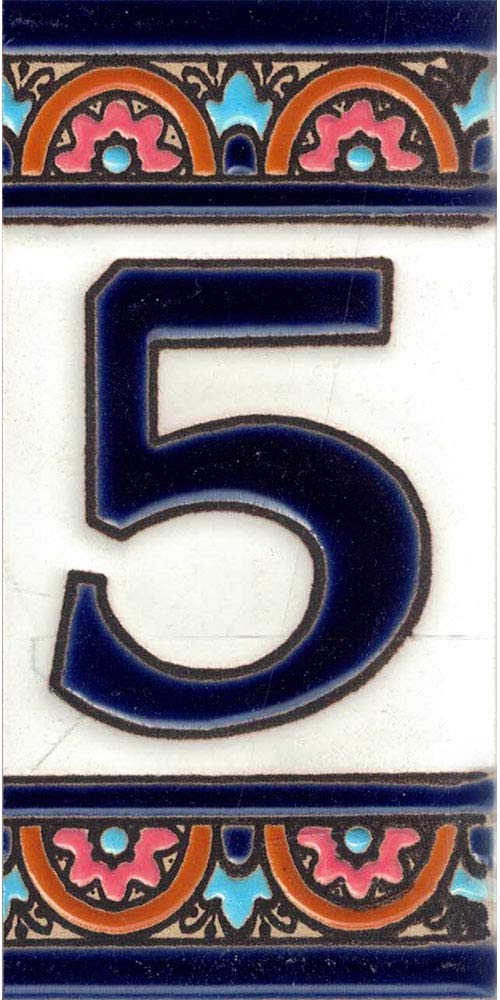 Toro del Oro - House Number - Number for House, Glazed Ceramic, Hand Painted Spanish Technique Cuerda Seca, Names and Addresses, Blue Bow Model 5.5 x 10.5 cm (5)