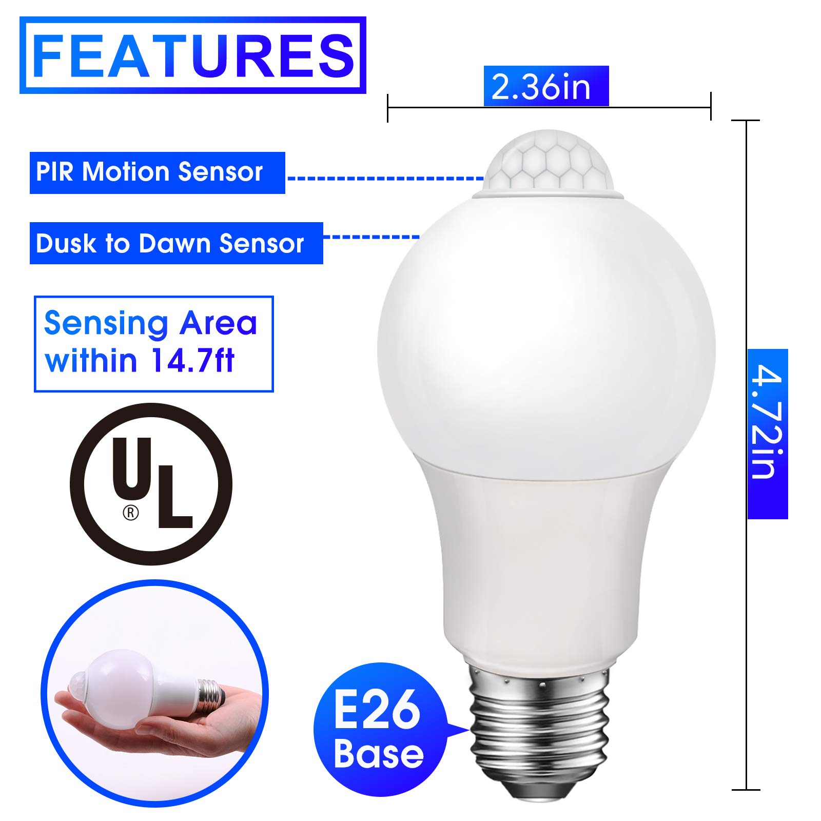 Energetic Motion Sensor Light Bulb, 8.5W (60 Watt Equivalent) E26 Motion Activated Dusk to Dawn Security Light Bulb for Front Door Porch Garage Basement Hallway Closet, 3000K Warm White, 2 Pack