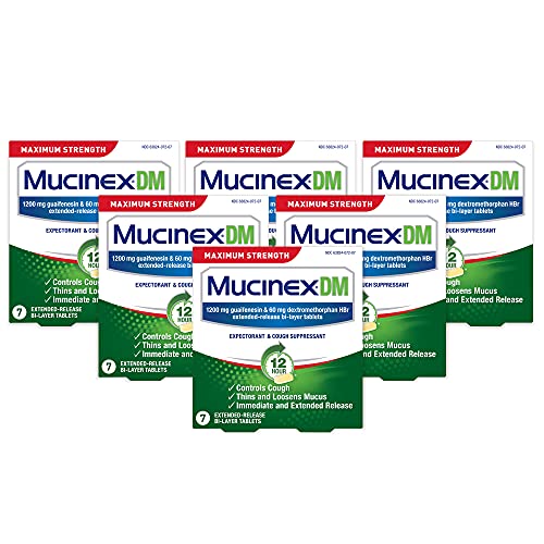 Cough Suppressant and Expectorant, Mucinex DM Maximum Strength 12 Hour Tablets, 7ct, 1200 mg Guaifenesin, Relieves Chest Congestion, Quiets Wet and Dry Cough, 1 Doctor Recommended (Pack of 6)