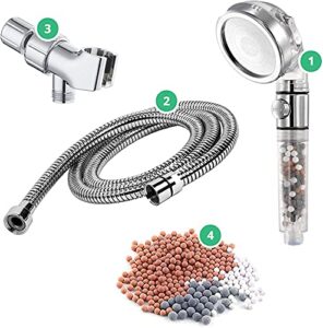 original stonestream ecopower high pressure handheld shower head with on off switch- 3 spray settings with hose, wall adapter and replacement beads