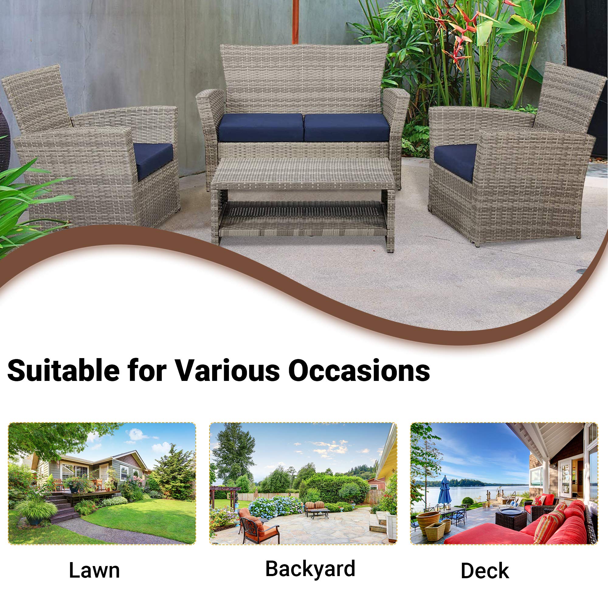 Laurel Canyon Outdoor Patio Furniture 4 Piece Wicker Conversation Sets, Rattan Loveseat and 2 Chairs with Cushions Coffee Table for Porch Deck, Grey