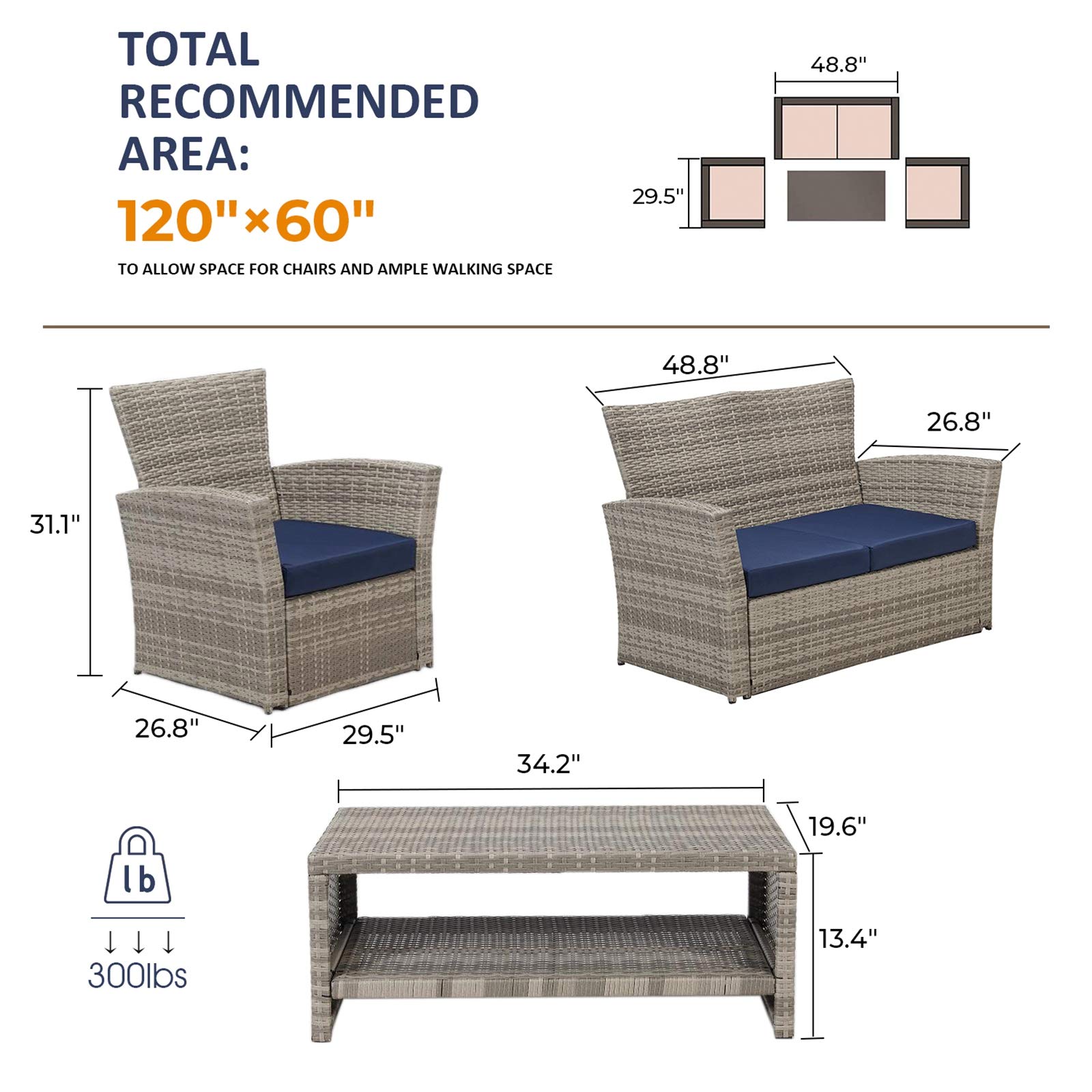 Laurel Canyon Outdoor Patio Furniture 4 Piece Wicker Conversation Sets, Rattan Loveseat and 2 Chairs with Cushions Coffee Table for Porch Deck, Grey