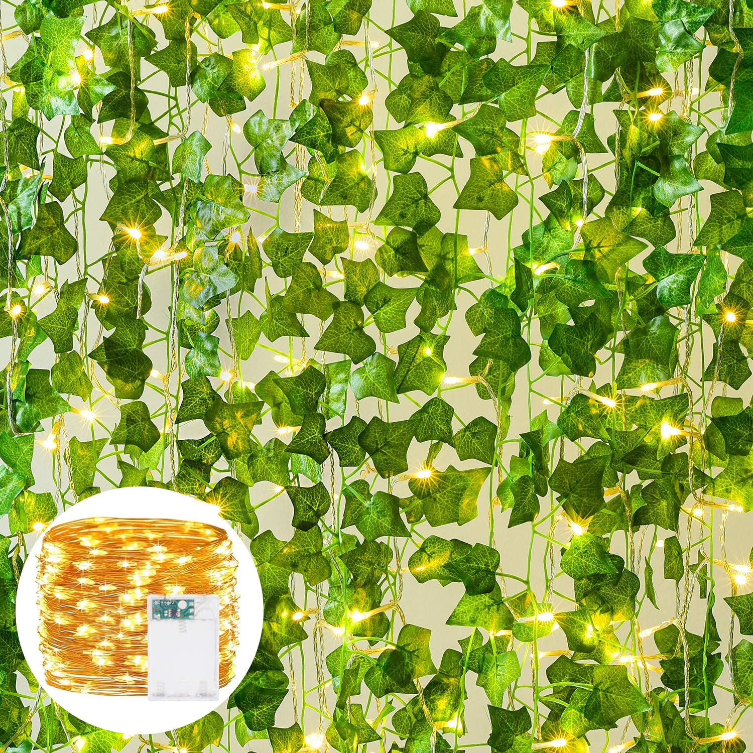 DearHouse 85Ft 12 Strands Artificial Ivy Garland Vine Hanging Garland Fake Leaf Plants with 90 LED String Light, Hanging for Home Kitchen Garden Office Wedding Wall Decor, Light Green