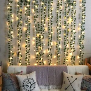 DearHouse 85Ft 12 Strands Artificial Ivy Garland Vine Hanging Garland Fake Leaf Plants with 90 LED String Light, Hanging for Home Kitchen Garden Office Wedding Wall Decor, Light Green