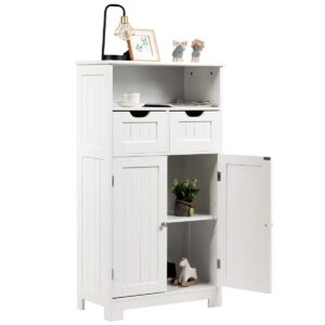 tangkula bathroom floor cabinet, storage cabinet w/open shelf, 2 doors & 2 adjustable drawers, standing cupboard for kitchen, bathroom cabinet for living room home office (white)