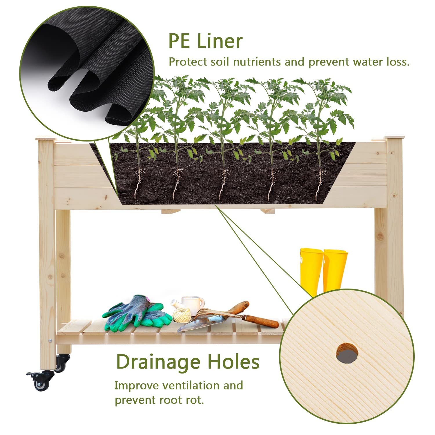 LYNSLIM Wooden Raised Garden Bed with Wheels & Shelf Elevated Planter Box for Flower Vegetable Grow, Natural Cedar Wood Frame Gardening Planting Bed,Easy Assembly