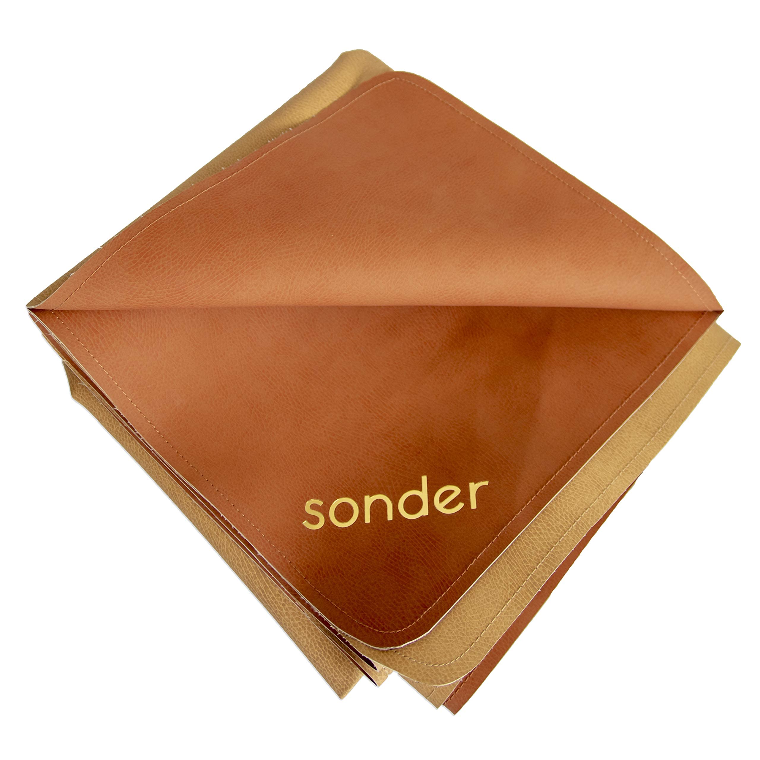 SONDER Double Sided Vegan Leather Changing Mat - Infant and Toddler Multipurpose Portable Waterproof Diaper Pad - Compact for Travel - Deluxe Diaper Changer (14" x 22", Sugar Almond + Honey Gold)