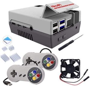 geeekpi retro gaming nes4pi case for raspberry pi 4 model b, pi 4 case with fan and heatsinks for raspberry pi 4 model b (case with game controllers)