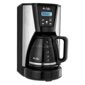 mr. coffee bvmcmjx41nwf 12-cup pot programmable brewer auto-shutoff coffee maker machine with grab-a-cup brew pause function, timer, and cycle-finish chime in black/silver