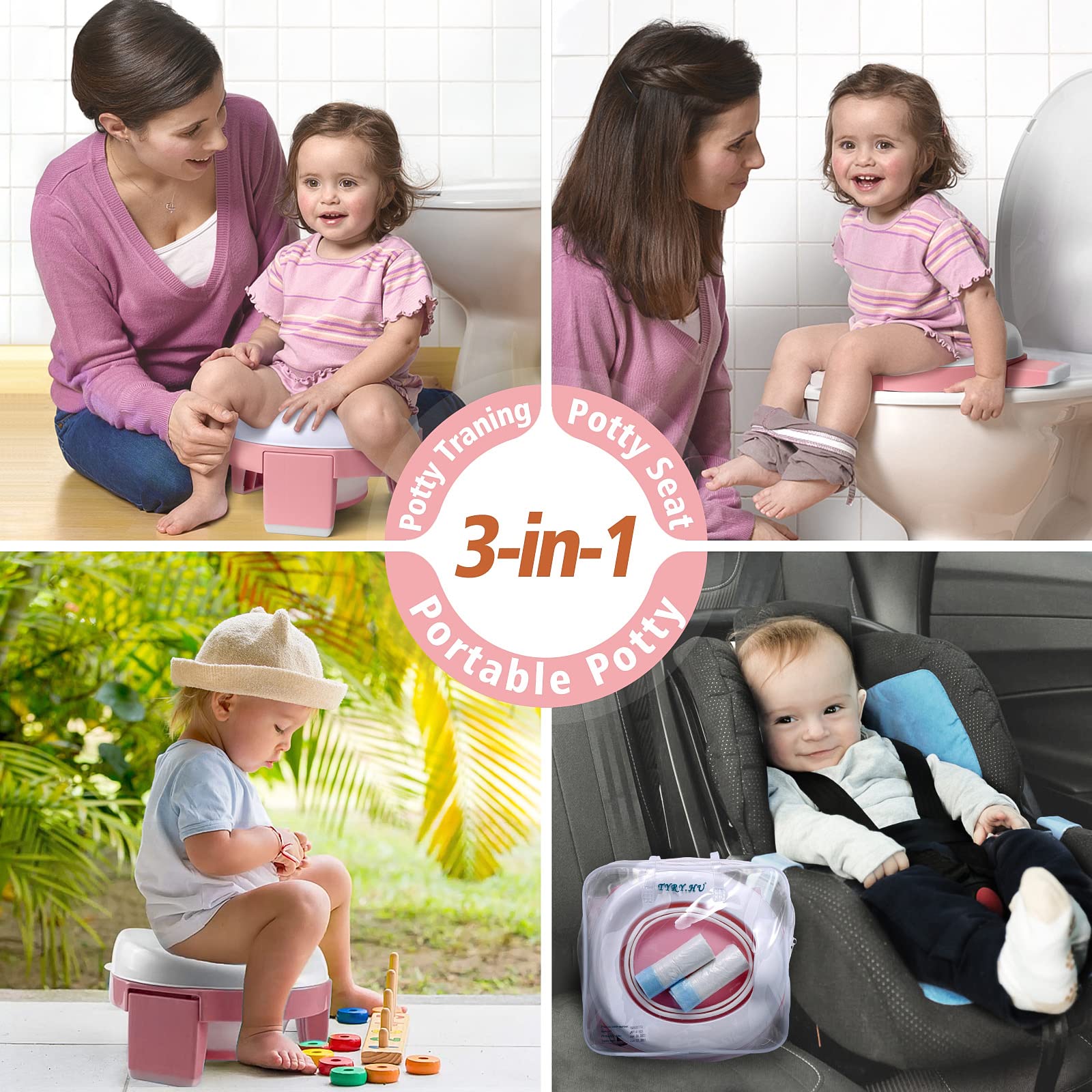 Portable Potty for Toddler Travel Seat Foldable Car Potty Training Toilet with Travel and Storage Bag Kids for 24M- 3 Years(Pink)