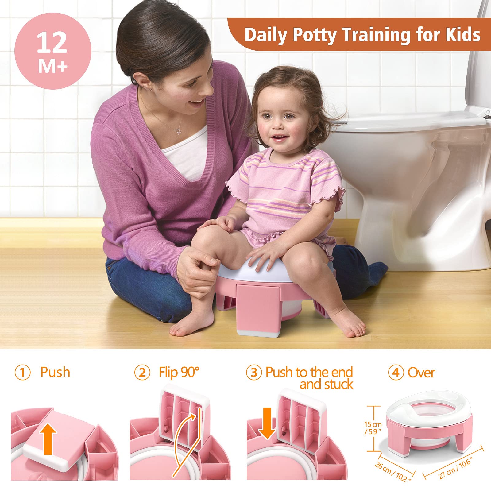 Portable Potty for Toddler Travel Seat Foldable Car Potty Training Toilet with Travel and Storage Bag Kids for 24M- 3 Years(Pink)