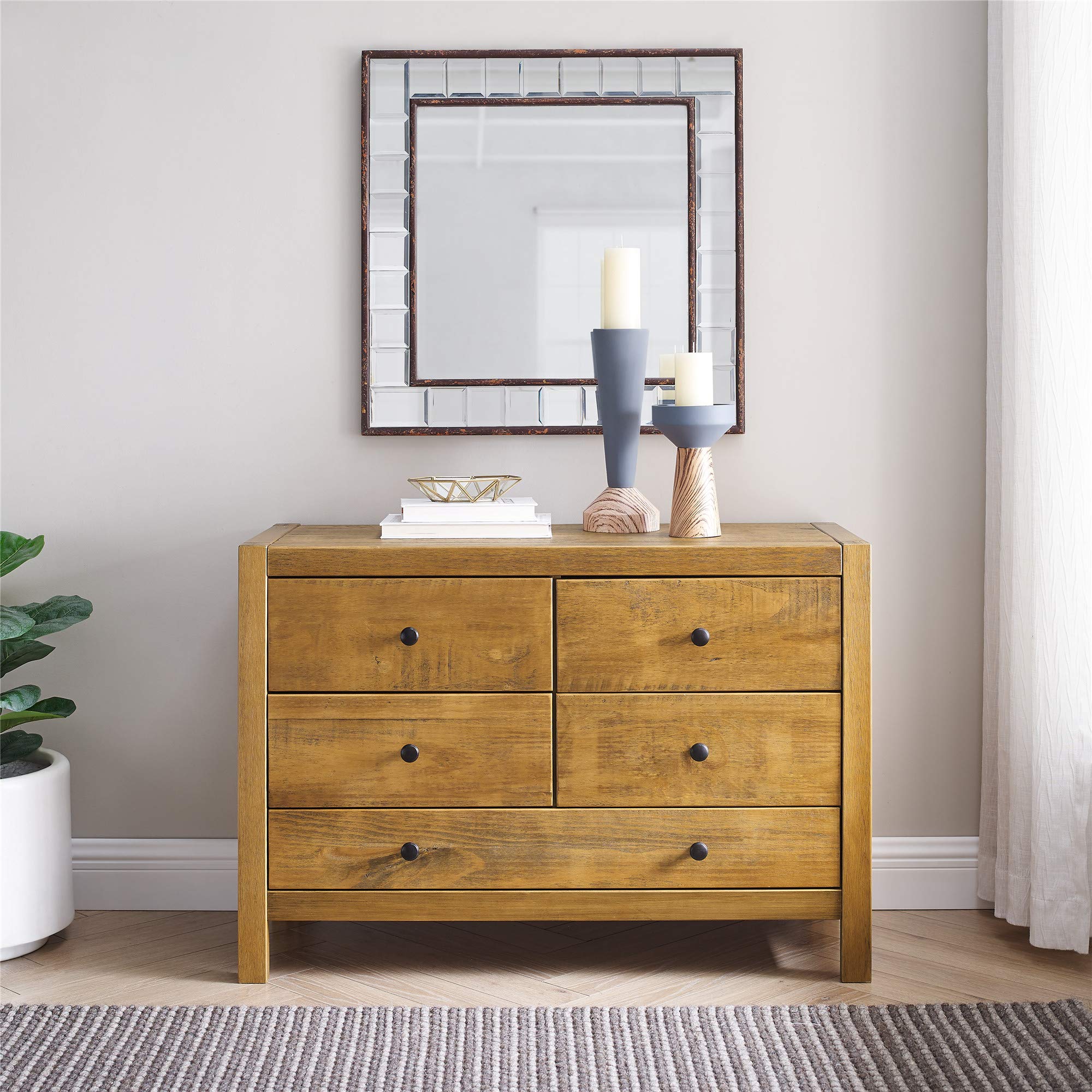 MUSEHOMEINC Rustic Wood with 5-Drawer Dresser,Storage Night Stand,Round Metal knobs,Rustic Oak Finish