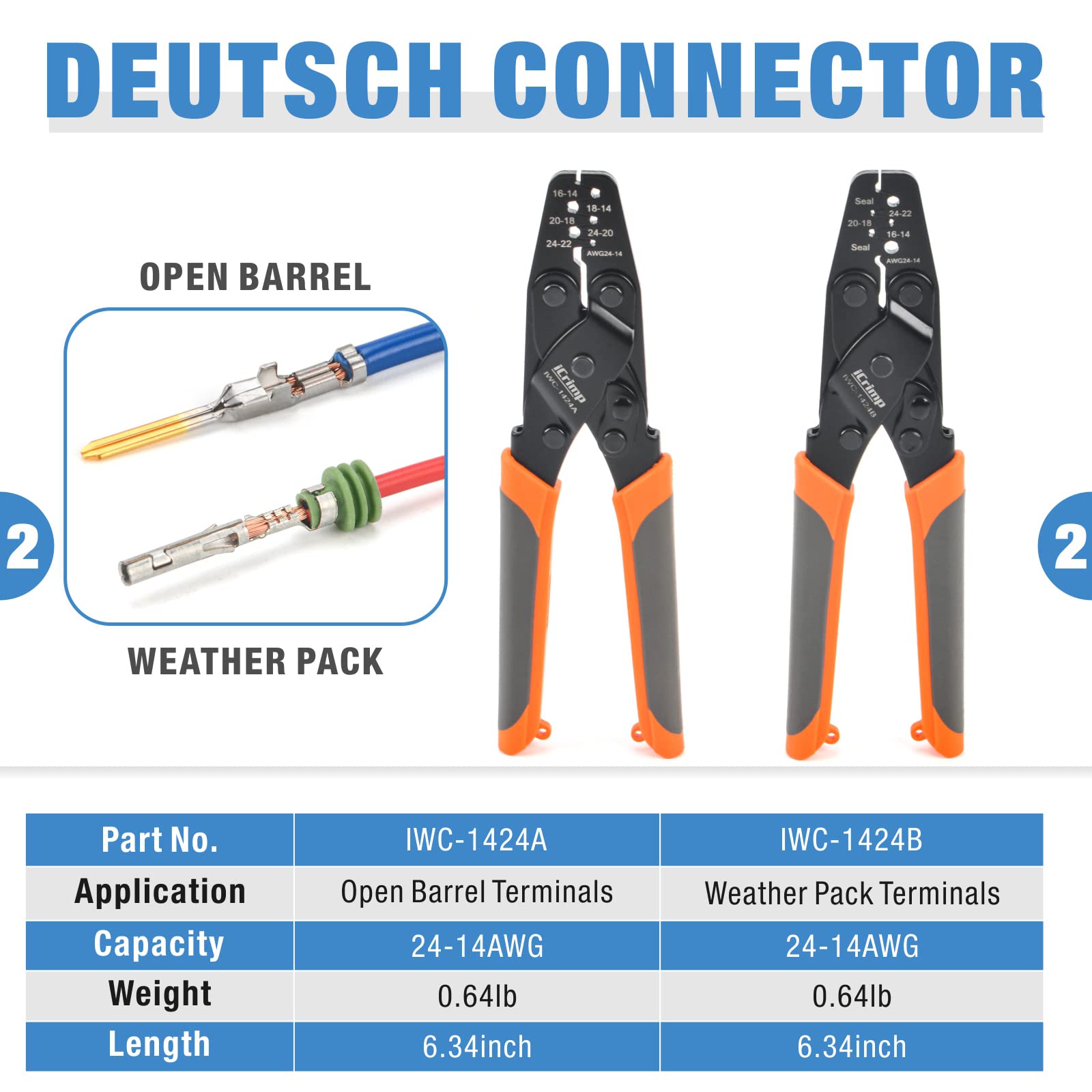 iCrimp Deutsch Terminal Crimp Tool Kit, Close Barrel and Open Barrel Crimper, Deutsch Removal Extraction Tool for Deutsch DT Connectors, Solid & Stamped Contacts, Delphi Weather Pack Terminals-12PCS