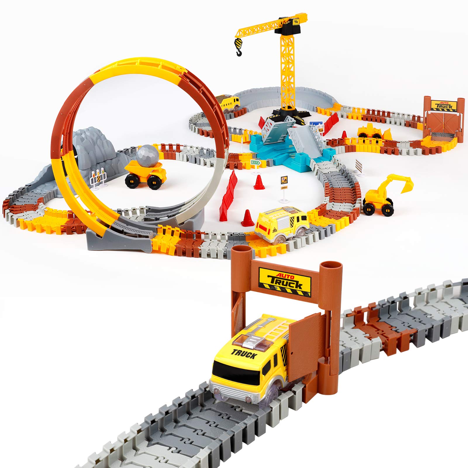 226pcs Construction Themed Race Tracks Set, Flexible Trains Tracks with 2 Race Trucks, Toy Cars Set for 3 4 5 6 7 Years Old Child Kids Boys and Girls, Road Race Playset for Christmas Birthday Gift