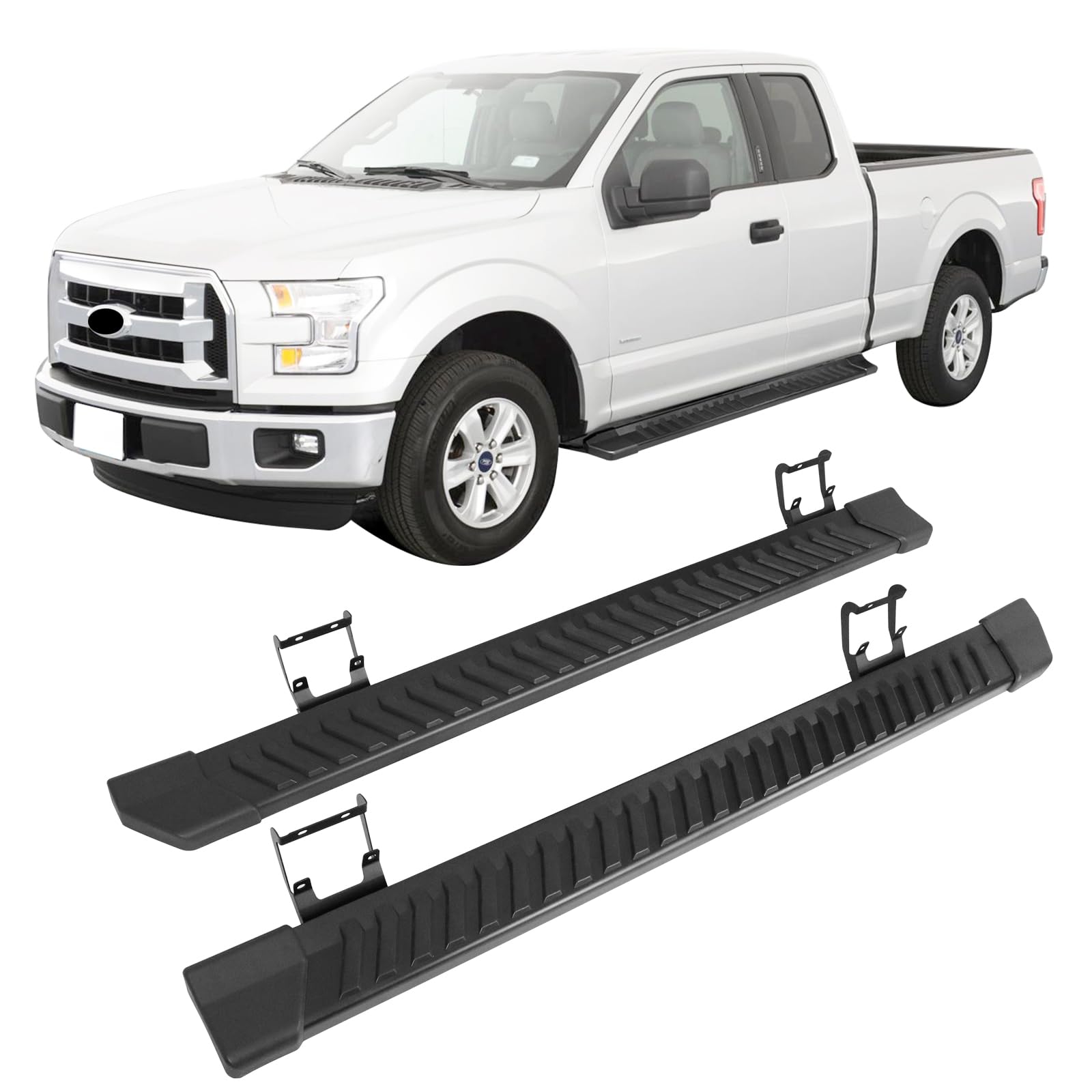 IKON MOTORSPORTS, Running Boards Compatible with 2015-2022 Ford F150 Super Cab, V Style Black Steel Side Step Bar Nerf Bar