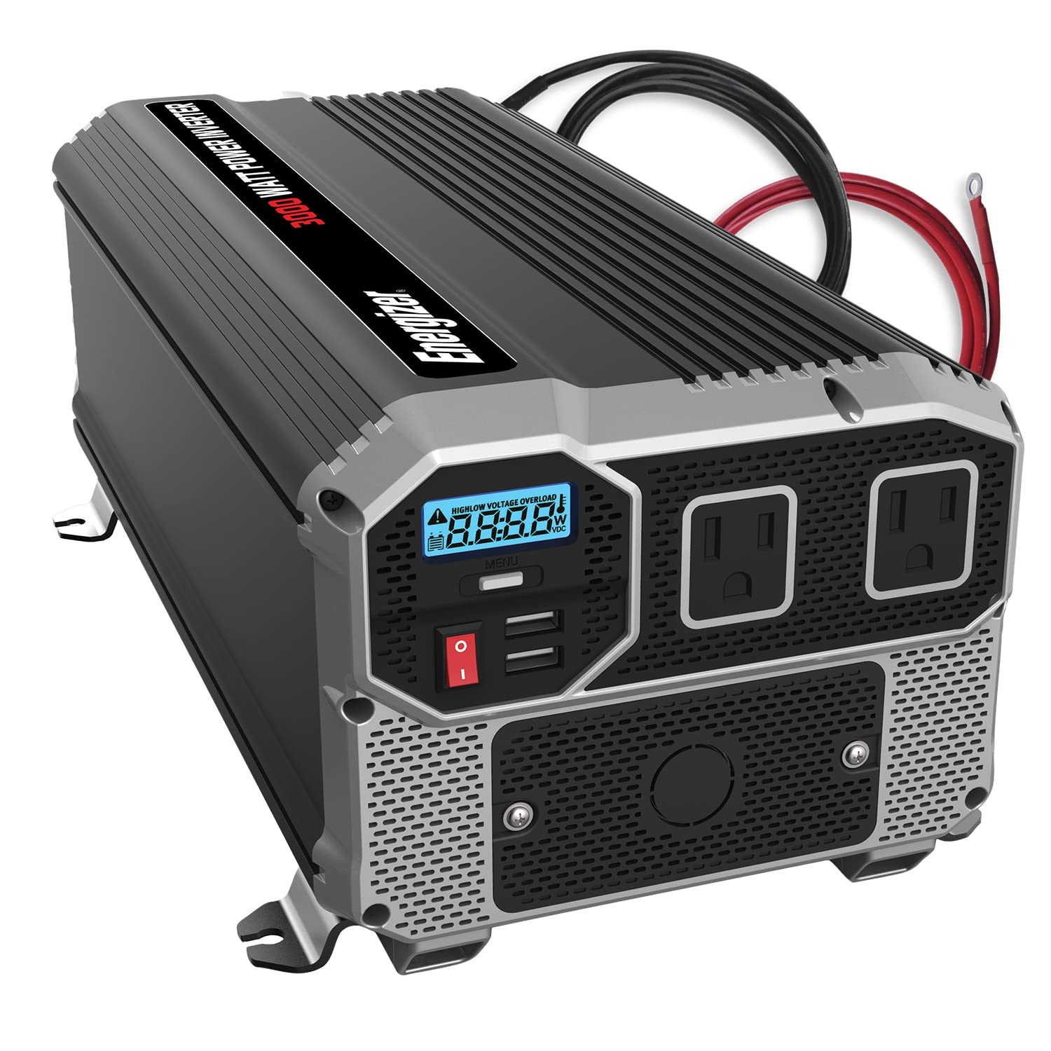 Energizer 3000 Watts Power Inverter Modified Sine Wave Car Inverter, 12V to 110 Volts, Two AC Outlets, Two USB Ports (2.4 Amp) Hardwire Kit, Battery Cables Included – ETL Approved Under UL STD 458