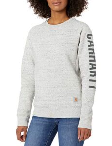 carhartt women's relaxed fit midweight crewneck block logo sleeve graphic sweatshirt, asphalt heather nep, medium