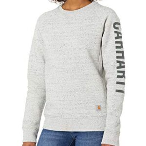 Carhartt Women's Relaxed Fit Midweight Crewneck Block Logo Sleeve Graphic Sweatshirt, Asphalt Heather NEP, Medium