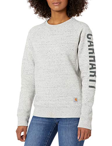 Carhartt Women's Relaxed Fit Midweight Crewneck Block Logo Sleeve Graphic Sweatshirt, Asphalt Heather NEP, Medium