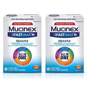 mucinex fast-max maximum strength cold & flu all in one, multi-symptom relief, pain reliever, fever reducer, cough suppressant, expectorant, nasal decongestant, 16 liquid gels (pack of 2)