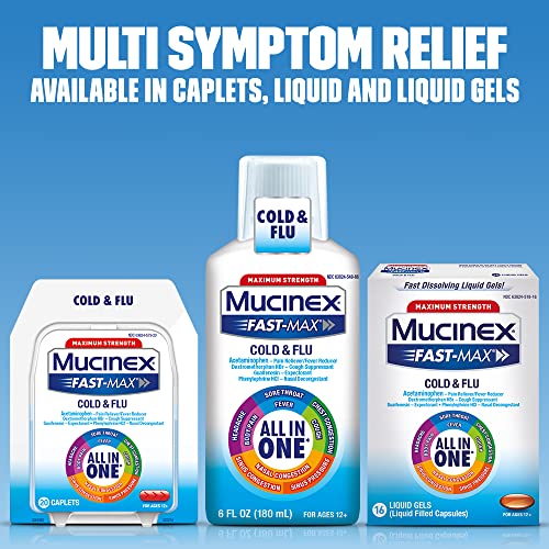 Mucinex Fast-Max Maximum Strength Cold & Flu All in One, Multi-Symptom Relief, Pain Reliever, Fever Reducer, Cough Suppressant, Expectorant, Nasal Decongestant, 16 Liquid Gels (Pack of 2)