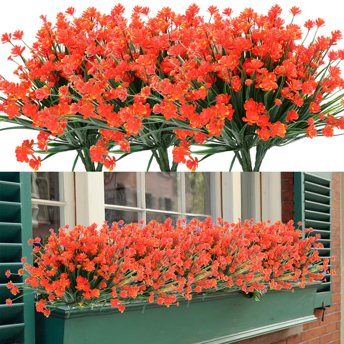 HAPLIA 8 Bundles Artificial Flowers, Fake Artificial Greenery UV Resistant No Fade Faux Plastic Plants for Wedding Bridle Bouquet Indoor Outdoor Home Garden Kitchen Office Table Vase (Orange Red)