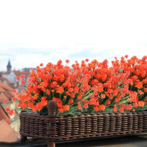 HAPLIA 8 Bundles Artificial Flowers, Fake Artificial Greenery UV Resistant No Fade Faux Plastic Plants for Wedding Bridle Bouquet Indoor Outdoor Home Garden Kitchen Office Table Vase (Orange Red)