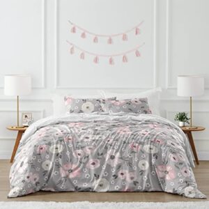 sweet jojo designs grey watercolor floral girl full/queen bedding comforter set kids childrens size - 3 pieces - blush pink gray and white shabby chic rose flower polka dot farmhouse