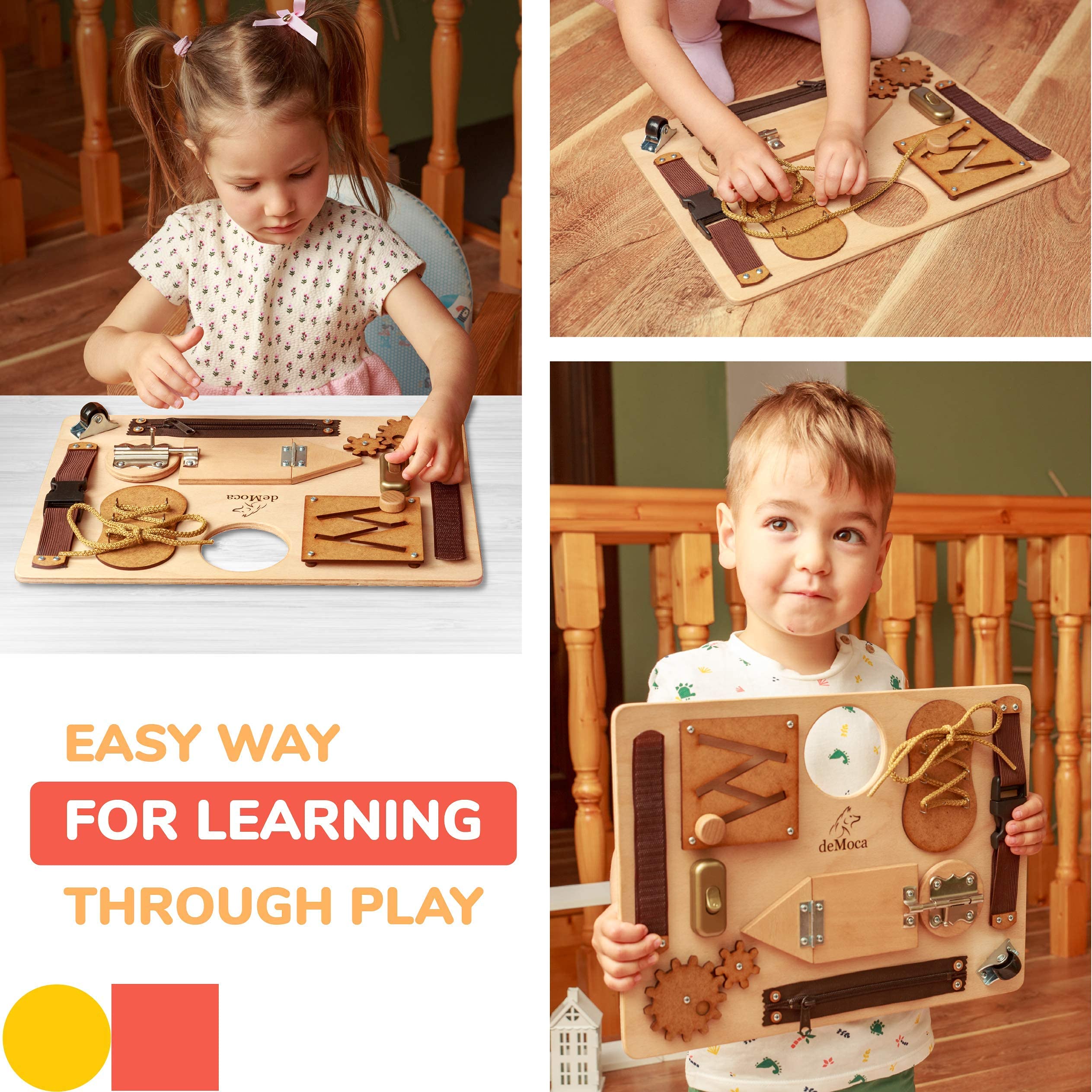 deMoca Montessori Busy Board for Toddlers, Wooden Toy with 10 Educational Activities to Develop Fine Motor Skills, Airplane & Car Travel Toy for Boys & Girls - Packaging May Vary