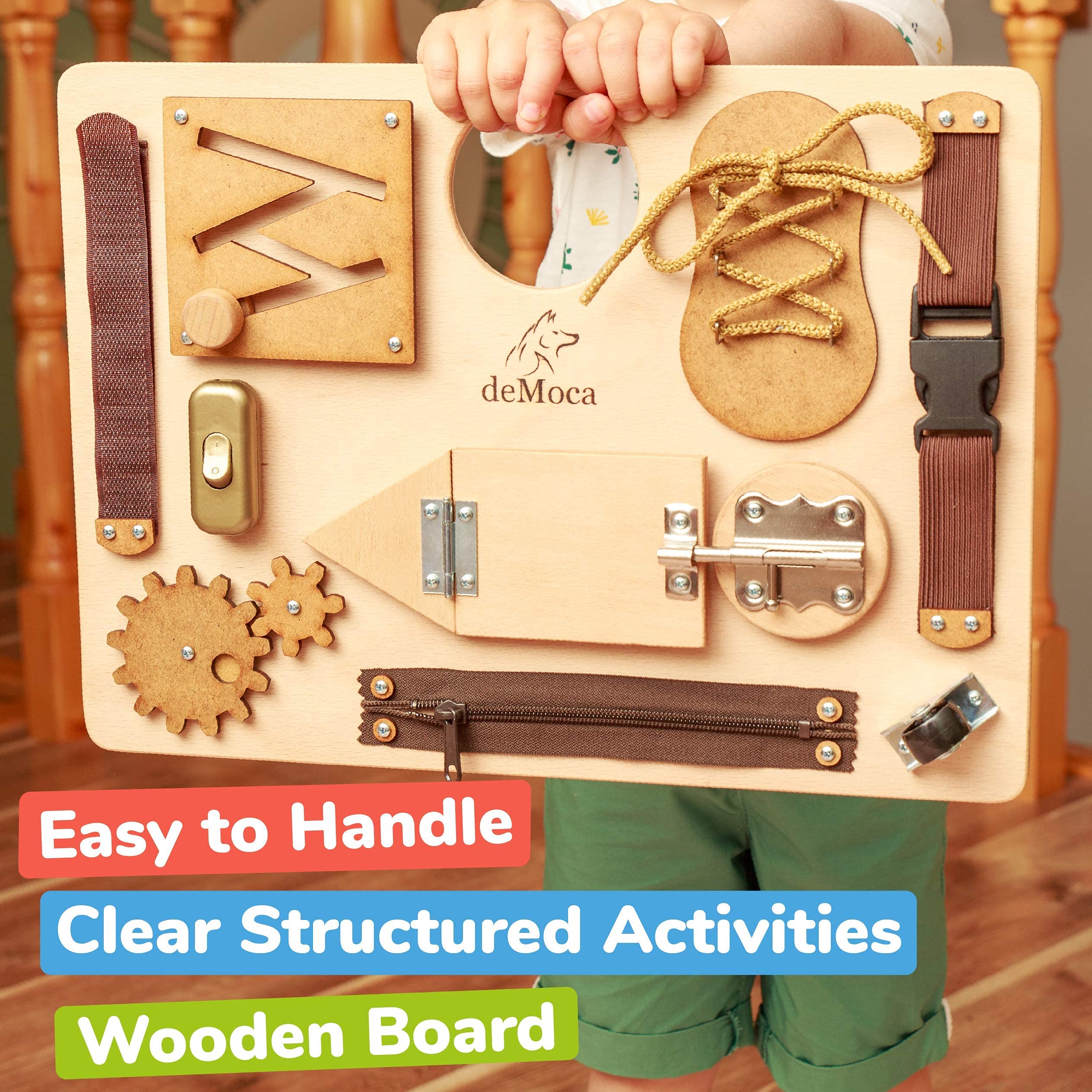 deMoca Montessori Busy Board for Toddlers, Wooden Toy with 10 Educational Activities to Develop Fine Motor Skills, Airplane & Car Travel Toy for Boys & Girls - Packaging May Vary