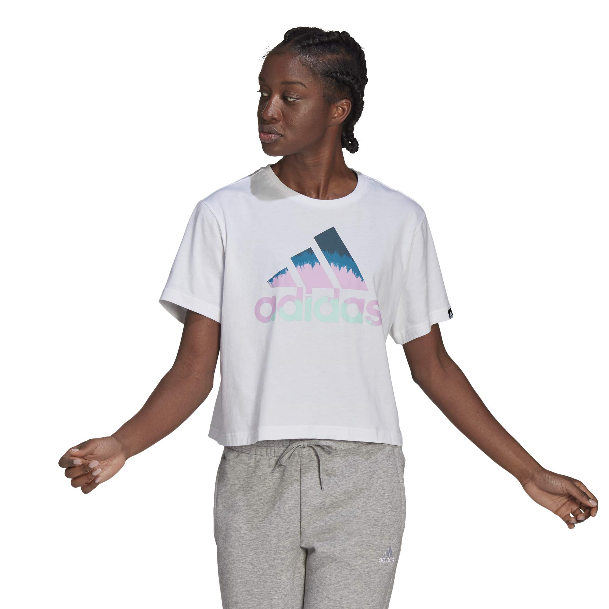 adidas Womens Farm Tie-Dye Inspo Cropped Graphic T-Shirt White/Wild Teal Small