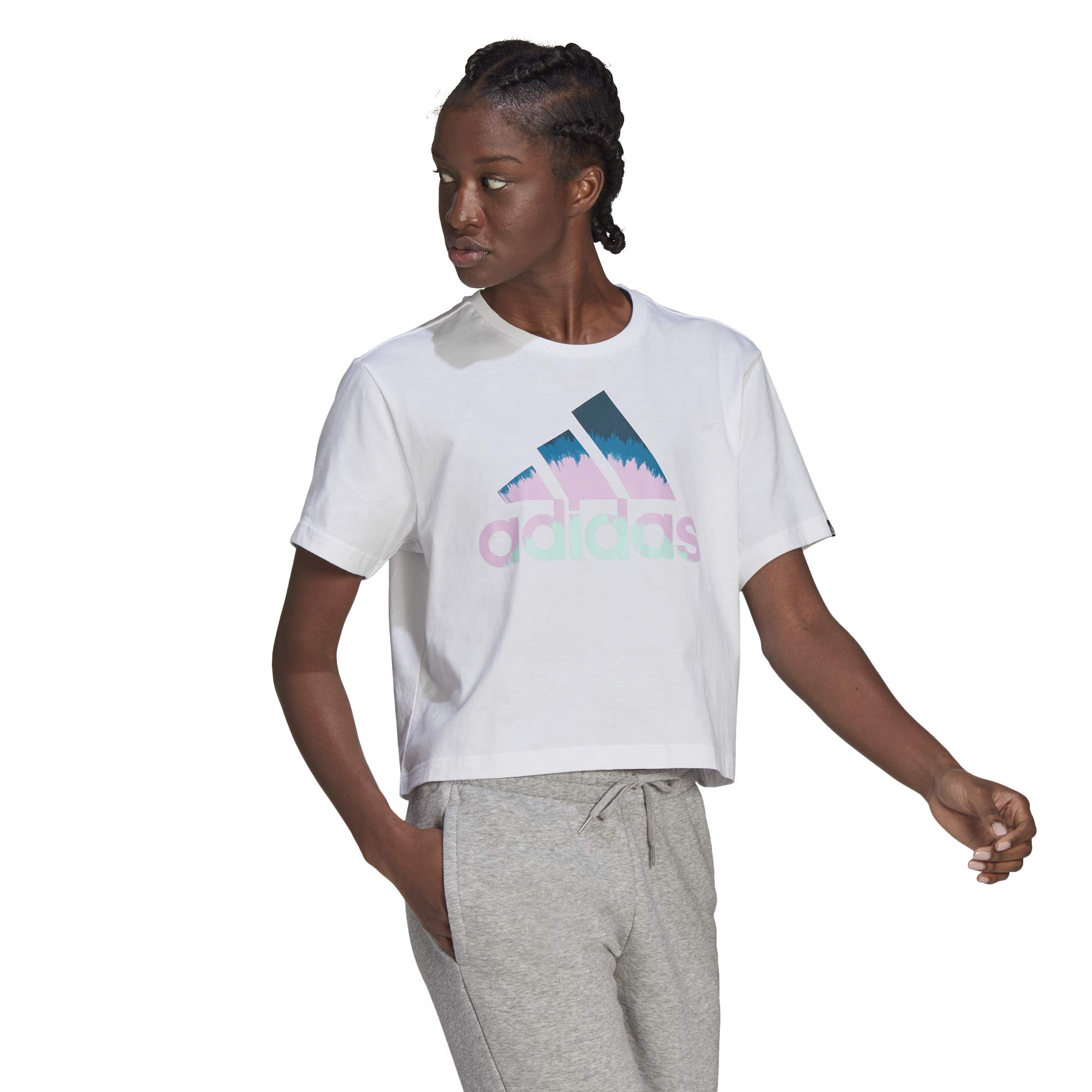 adidas Womens Farm Tie-Dye Inspo Cropped Graphic T-Shirt White/Wild Teal Small